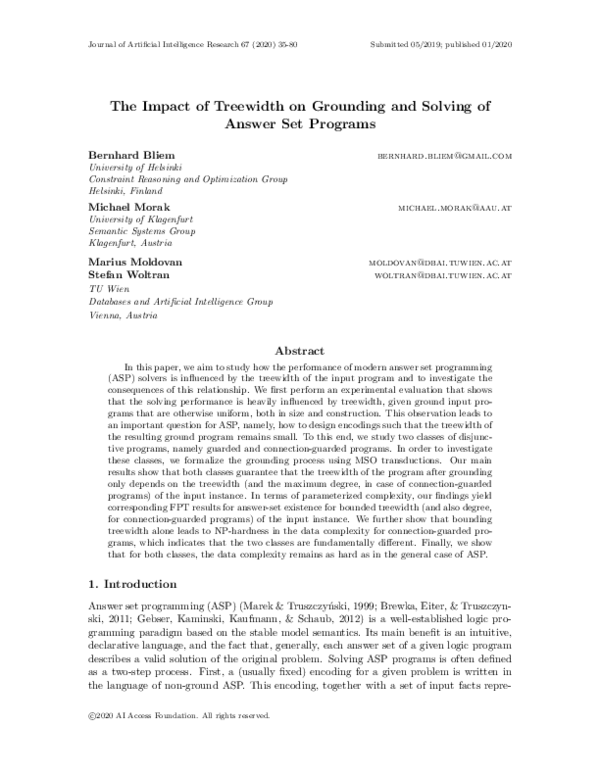 (PDF) The Impact of Treewidth on Grounding and Solving of Answer Set Programs