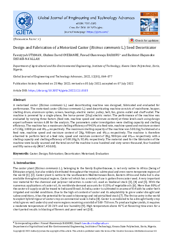 (PDF) Design and Fabrication of a Motorized Castor (Ricinus communis L ...