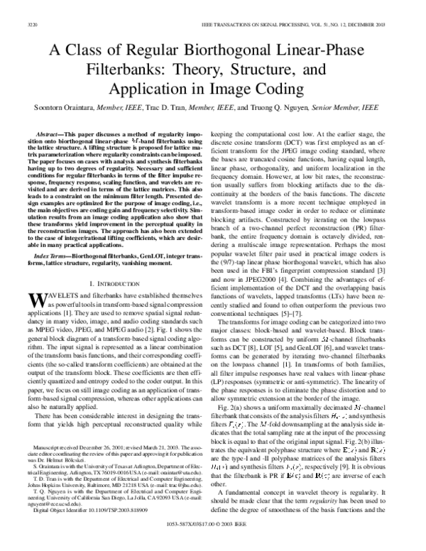(PDF) A class of regular biorthogonal linear-phase filterbanks: theory, structure, and ...
