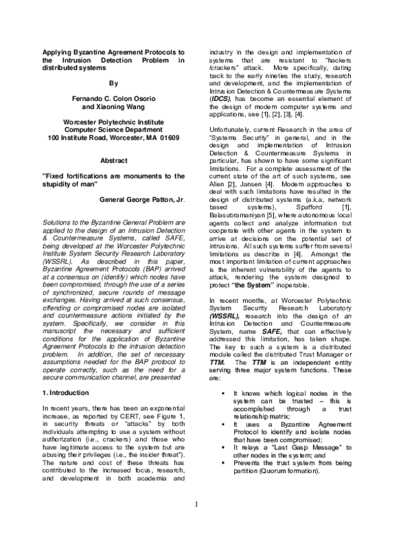 Pdf Applying Byzantine Agreement Protocols To The Intrusion Detection Problem In Distributed