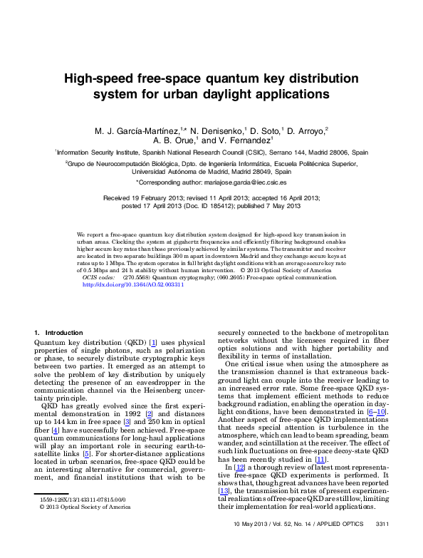 (PDF) High-speed free-space quantum key distribution system for urban daylight applications ...