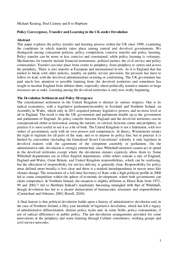 (PDF) Policy Convergence, Transfer and Learning in the UK under Devolution