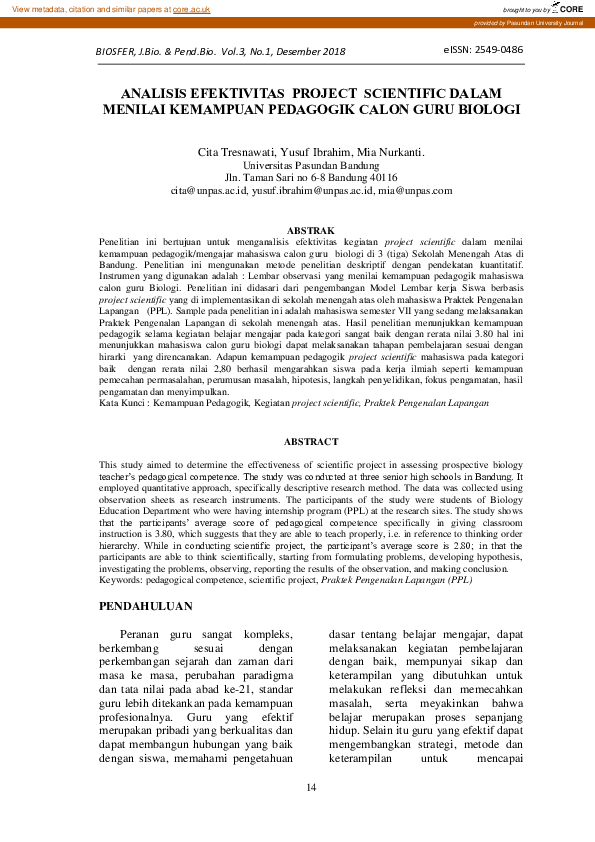 (PDF) Analisis Efektivitas Project Scientific Dalam Menilai Kemampuan Pedagogik Calon Guru Biologi