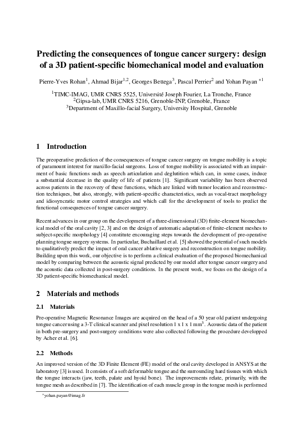 (PDF) Predicting the consequences of tongue cancer surgery: design of a ...