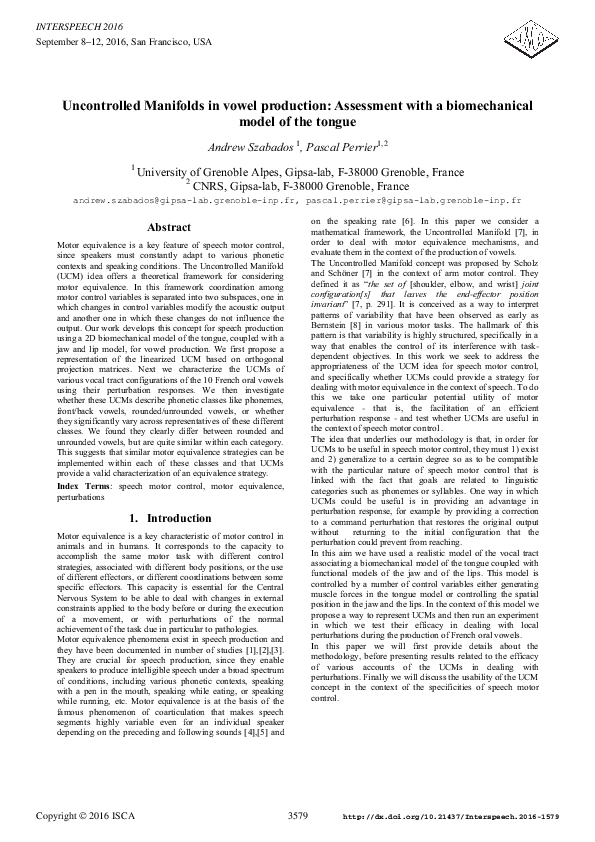 (PDF) Uncontrolled Manifolds in Vowel Production: Assessment with a Biomechanical Model of the ...