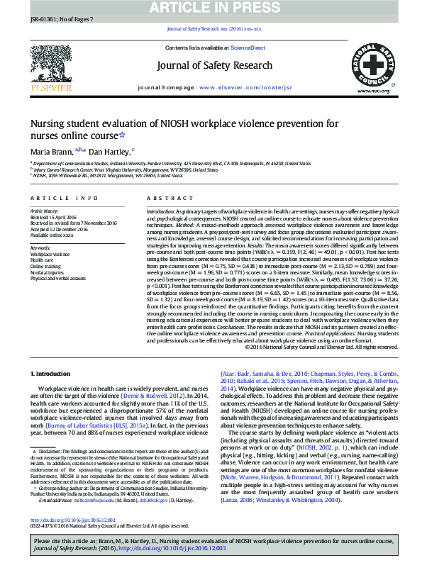 (PDF) Nursing student evaluation of NIOSH workplace violence prevention ...
