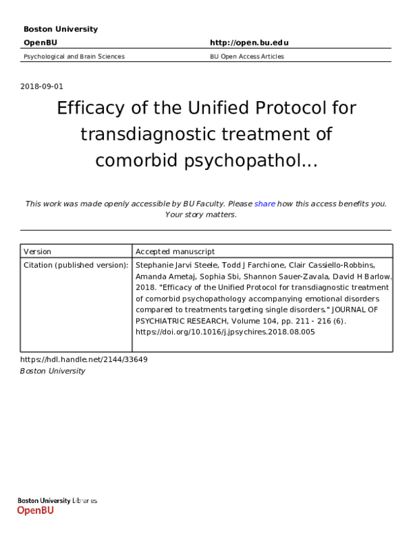 (PDF) Efficacy of the Unified Protocol for transdiagnostic treatment of ...