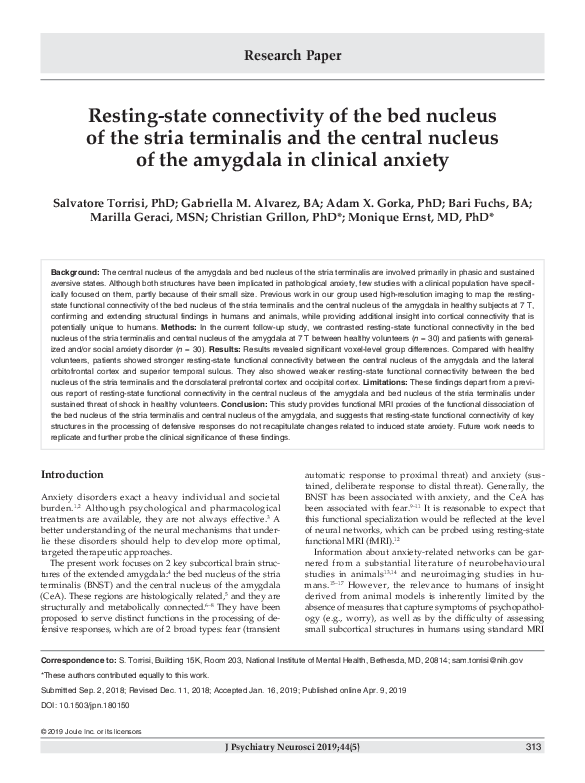 Pdf Resting State Connectivity Of The Bed Nucleus Of The Stria Terminalis And The Central