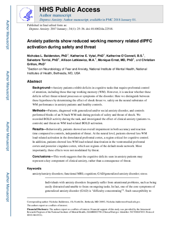 (PDF) Anxiety Patients Show Reduced Working Memory Related dlPFC ...