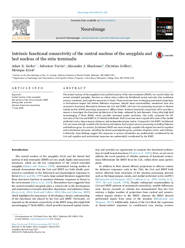 (PDF) Intrinsic functional connectivity of the central nucleus of the ...