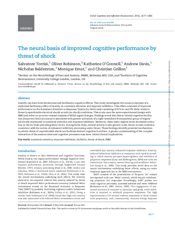 (PDF) The Neural Basis of Improved Cognitive Performance by Threat of Shock