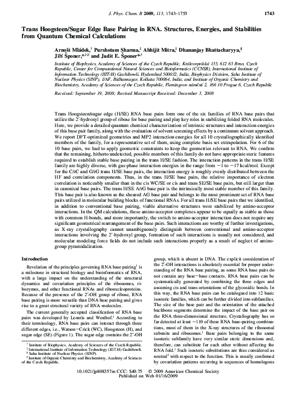 (PDF) Trans Hoogsteen/Sugar Edge Base Pairing in RNA. Structures ...