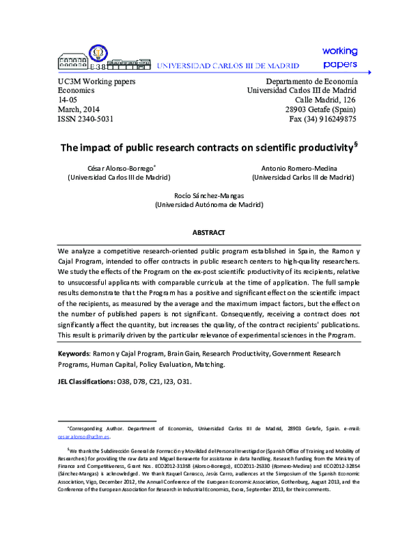 (PDF) The Impact of Public Research Contracts on Scientific Productivity