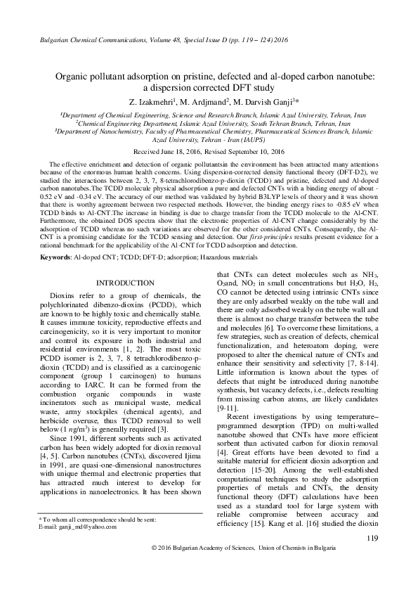 (PDF) Organic pollutant adsorption on pristine , defected and al-doped carbon nanotube : a ...