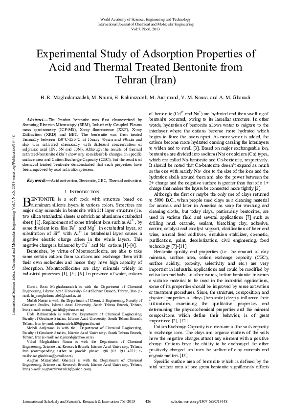 (PDF) Experimental Study Of Adsorption Properties Of Acid And Thermal ...