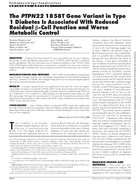 (PDF) The PTPN22 1858T Gene Variant in Type 1 Diabetes Is Associated ...