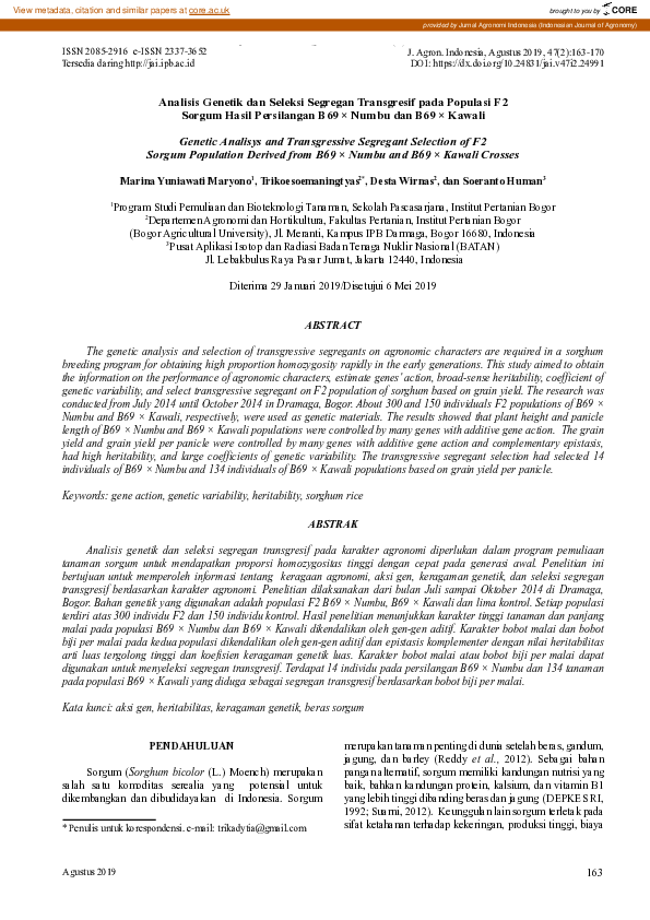 (PDF) Analisis Genetik dan Seleksi Segregan Transgresif pada Populasi F2 Sorgum Hasil ...