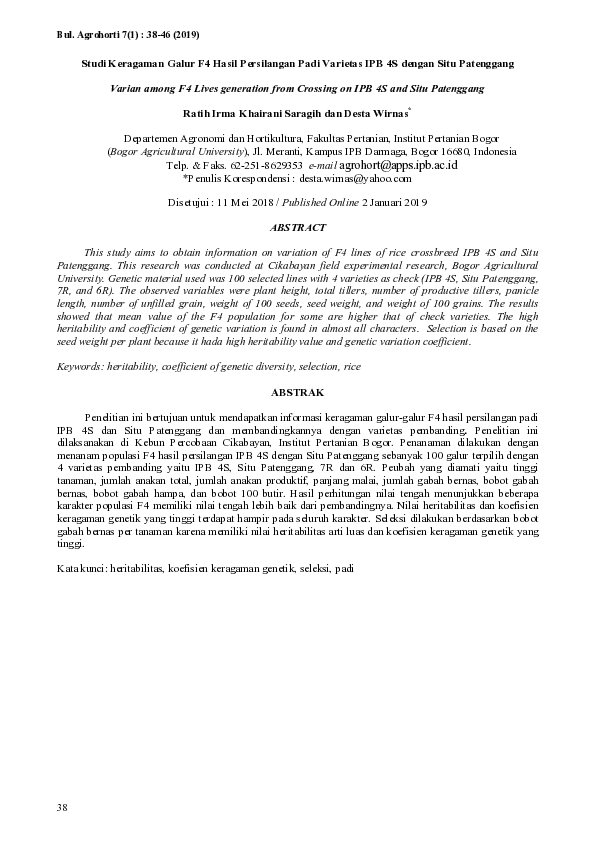 (PDF) Studi Keragaman Galur F4 Hasil Persilangan Padi Varietas IPB 4S ...