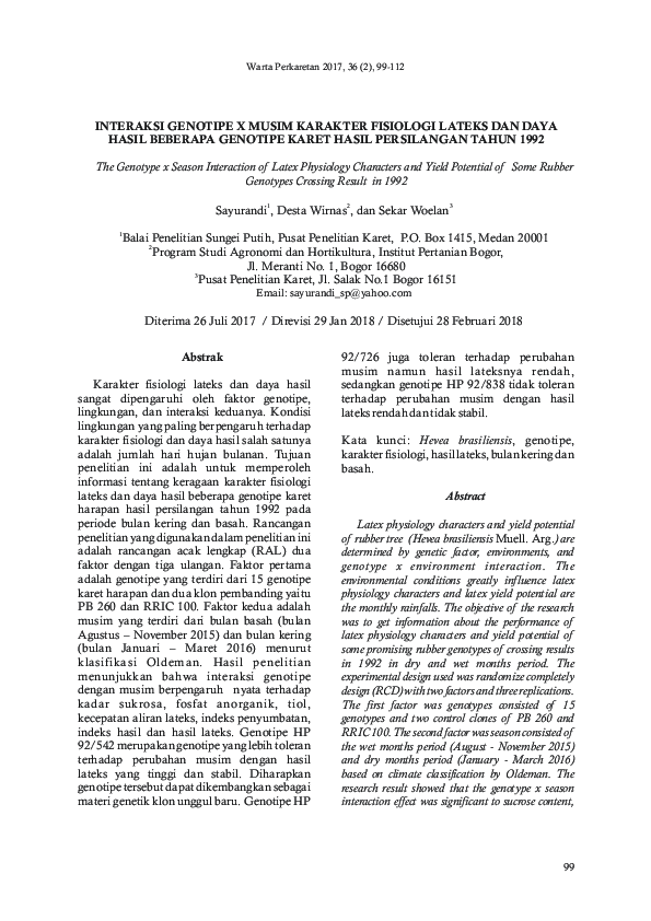 (PDF) Interaksi Genotipe X Musim Karakter Fisiologi Lateks Dan Daya Hasil Beberapa Genotipe ...