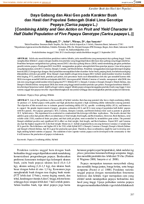 (PDF) Daya Gabung dan Aksi Gen pada Karakter Buah dan Hasil dari Populasi Setengah Dialel Lima ...