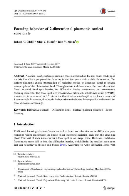 (PDF) Focusing behavior of 2-dimensional plasmonic conical zone plate