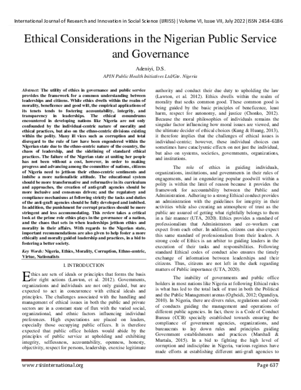 (PDF) Ethical Considerations in the Nigerian Public Service and Governance