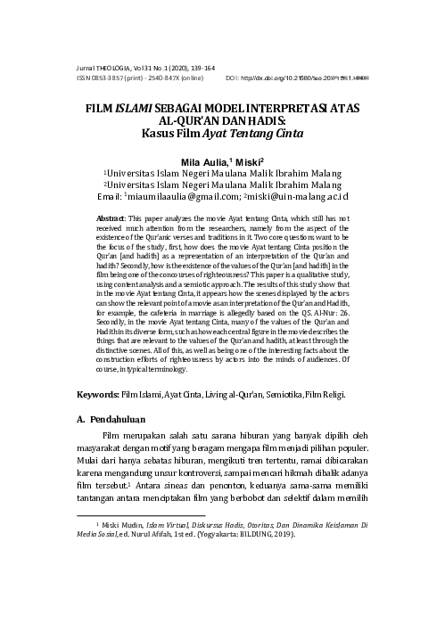 (PDF) Film Islami Sebagai Model Interpretasi atas Al-Qur'an dan Hadis: Kasus Film Ayat Tentang Cinta