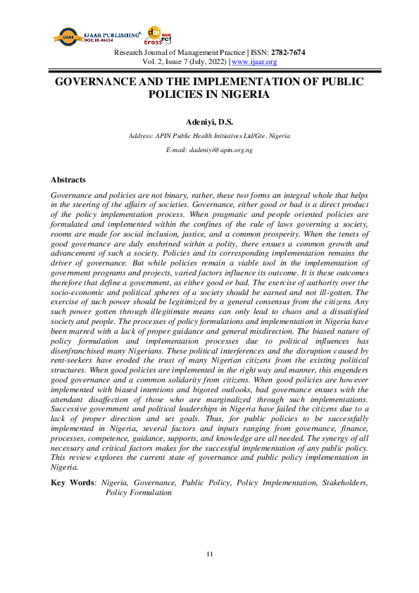 (PDF) GOVERNANCE AND THE IMPLEMENTATION OF PUBLIC POLICIES IN NIGERIA