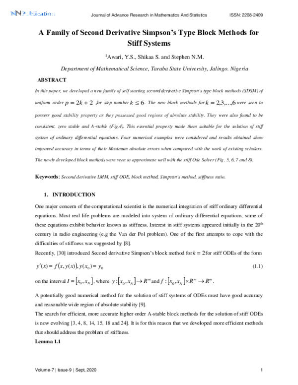 (PDF) A Family of Second Derivative Simpson’s Type Block Methods for ...