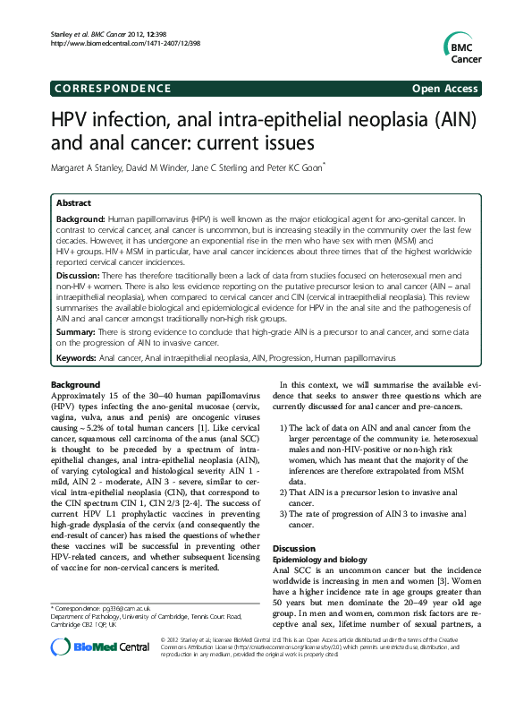 (PDF) HPV infection, anal intra-epithelial neoplasia (AIN) and anal ...