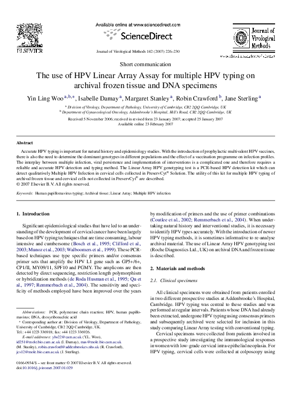 Pdf The Use Of Hpv Linear Array Assay For Multiple Hpv Typing On