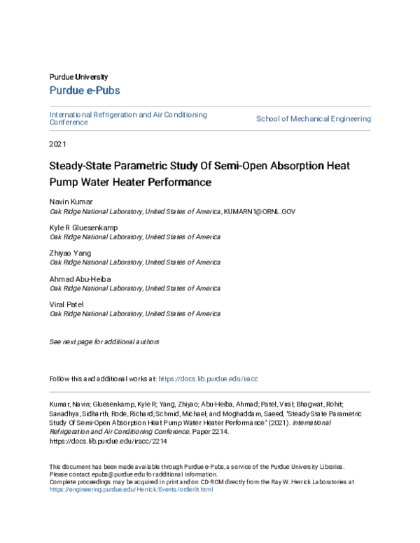 (PDF) Steady-State Parametric Study Of Semi-Open Absorption Heat Pump Water Heater Performance