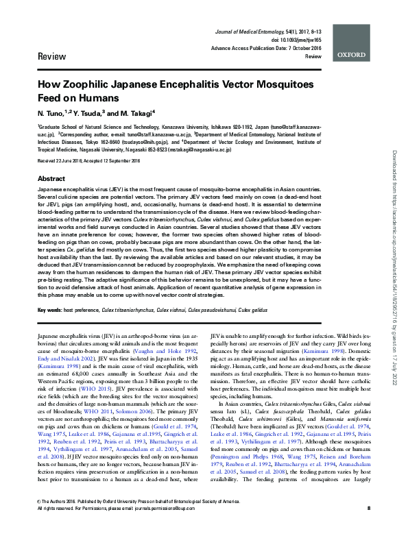 (PDF) How Zoophilic Japanese Encephalitis Vector Mosquitoes Feed on ...