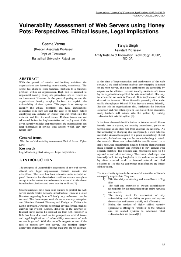 (PDF) Vulnerability Assessment of Web Servers using Honey Pots ...