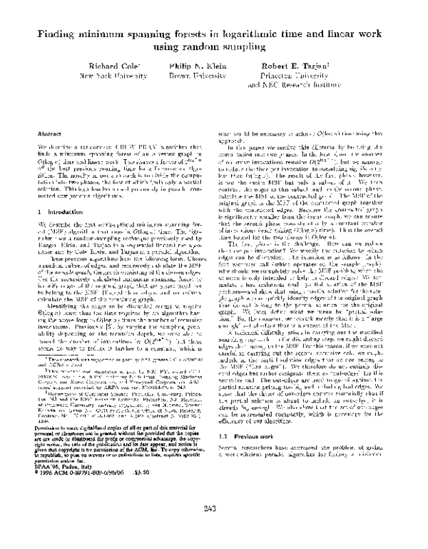 (PDF) Finding minimum spanning forests in logarithmic time and linear work using random sampling