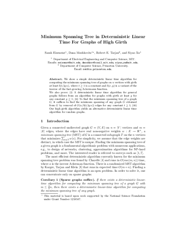 (PDF) Minimum Spanning Tree in Deterministic Linear Time For Graphs of High Girth