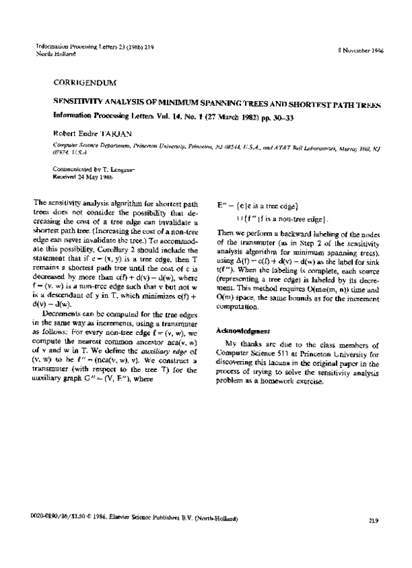 (PDF) Sensitivity analysis of minimum spanning trees and shortest path ... (PDF) Sensitivity analysis of minimum spanning trees and shortest path ...