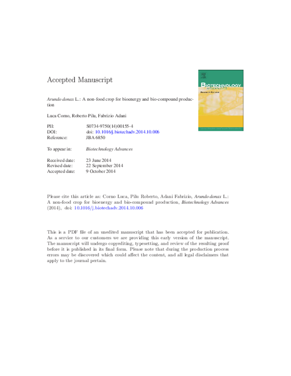 (PDF) Arundo donax L.: a non-food crop for bioenergy and bio-compound ...