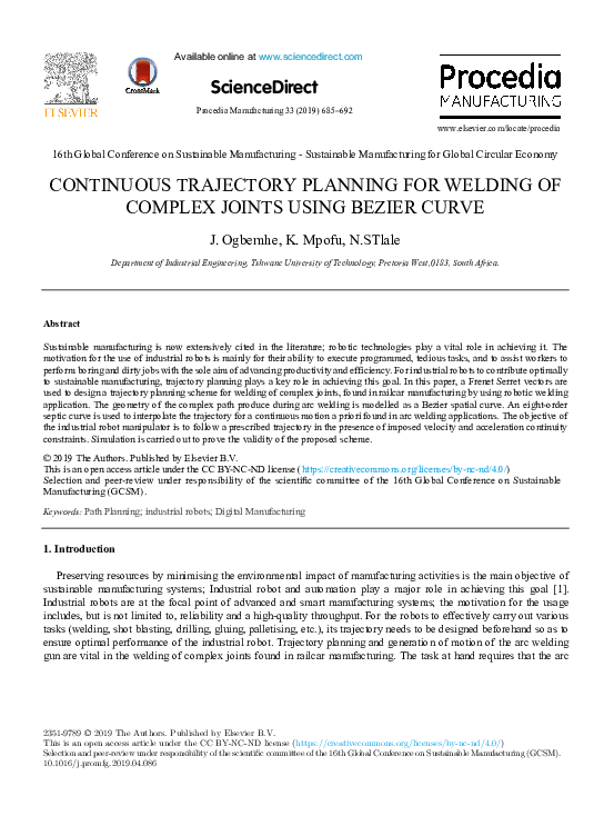 (PDF) Continuous Trajectory Planning for Welding of Complex Joints Using Bezier Curve