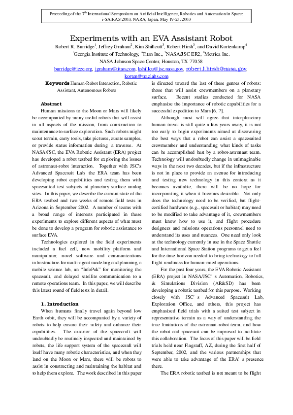 (PDF) Experiments with an EVA assistant robot