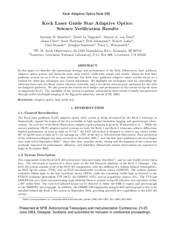 (PDF) Keck laser guide star adaptive optics: science verification results