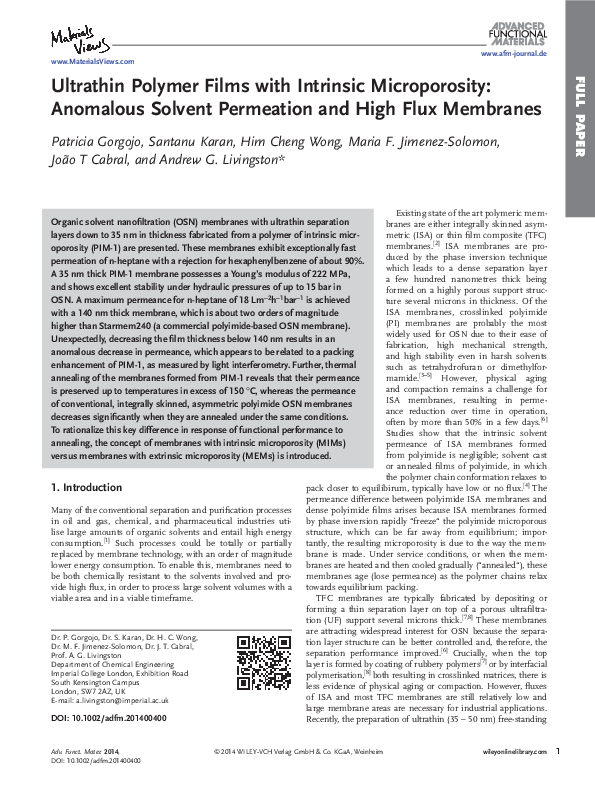 (PDF) Ultrathin Polymer Films with Intrinsic Microporosity: Anomalous ...