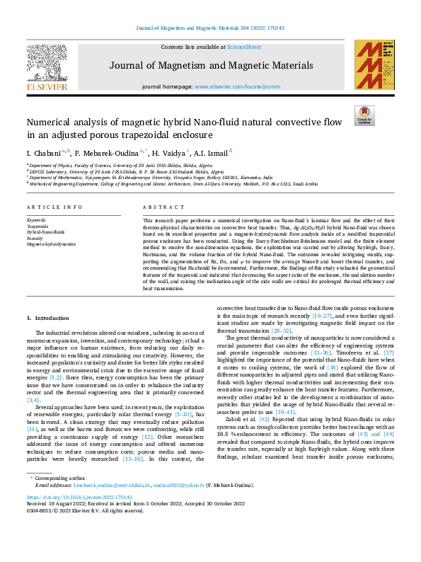 Pdf Numerical Analysis Of Magnetic Hybrid Nano Fluid Natural Convective Flow In An Adjusted
