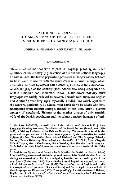(PDF) Joshua A. Fishman and David E. Fishman, “Yiddish in Israel: A ...