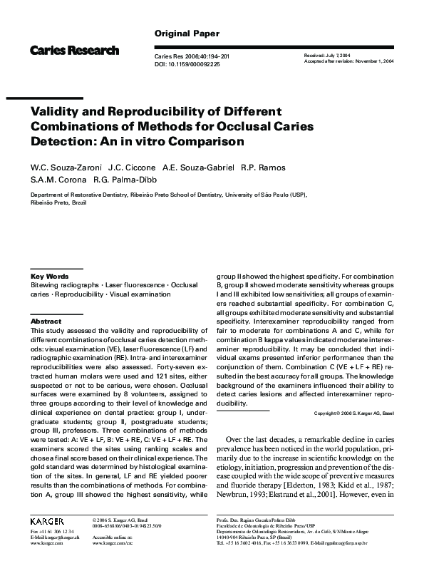 Pdf Validity And Reproducibility Of Different Combinations Of Methods For Occlusal Caries