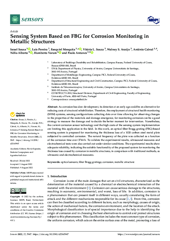 Sensing System Based on FBG for Corrosion Monitoring in Metallic Structures