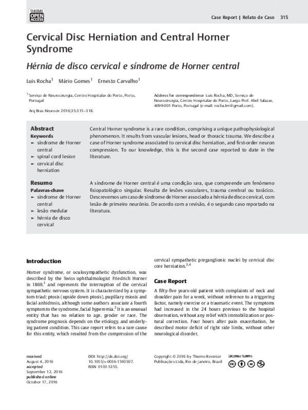 (PDF) Cervical Disc Herniation and Central Horner Syndrome