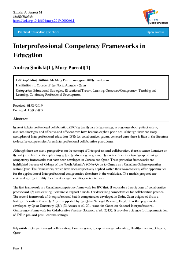 (PDF) Interprofessional Competency Frameworks in Education