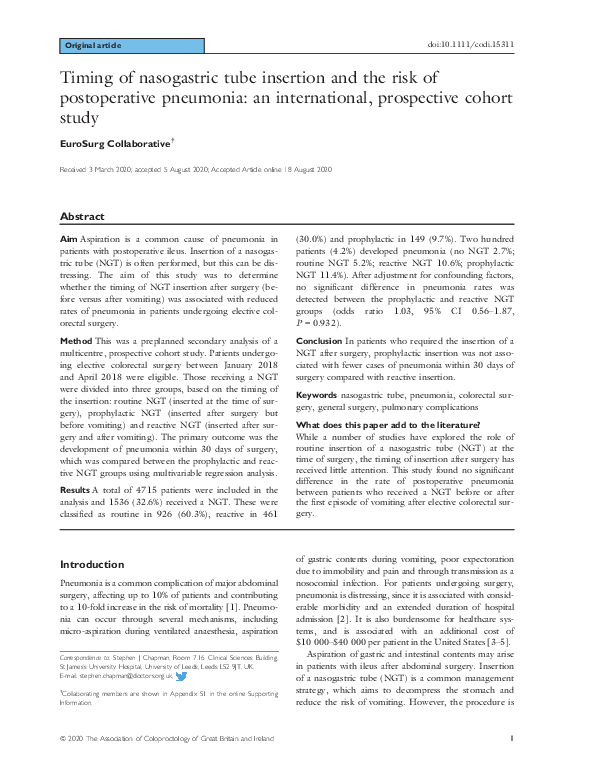 (PDF) Timing of nasogastric tube insertion and the risk of ...