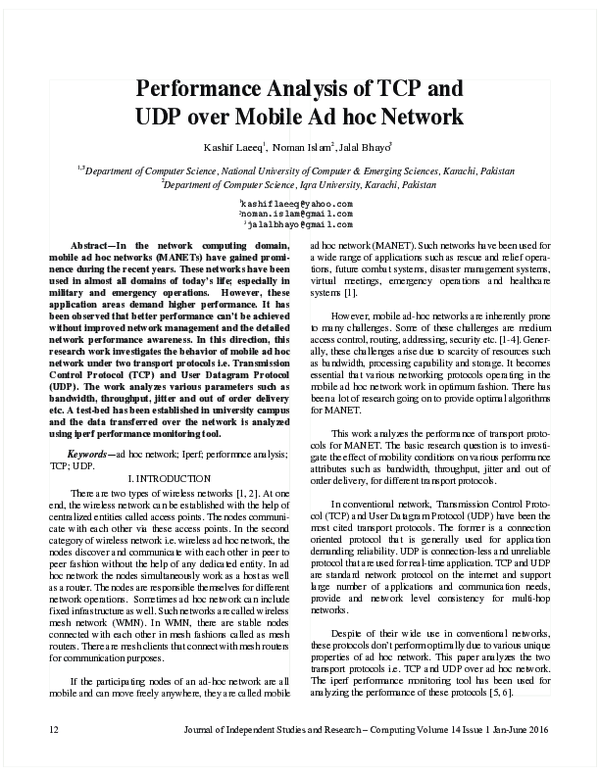 Pdf Performance Analysis Of Tcp And Udp Over Mobile Ad Hoc Network